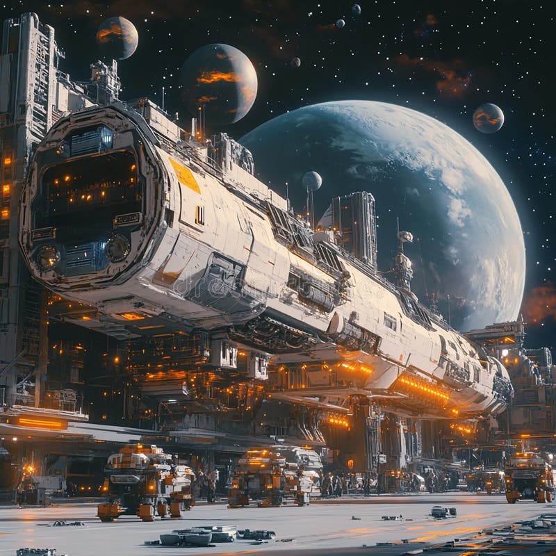 Cargo Ship Docking at Spaceport Stock Illustration - Illustration of ...