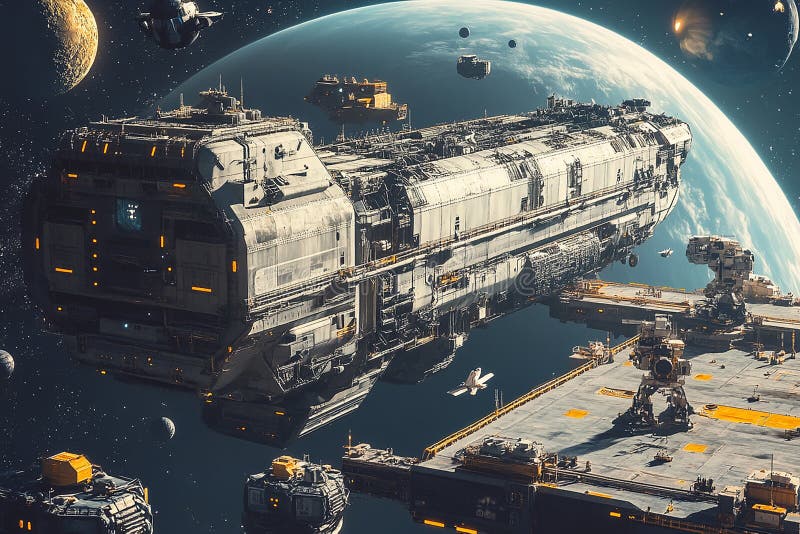 Cargo Ship Docking at Spaceport Stock Illustration - Illustration of ...