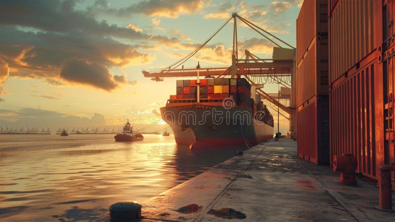 Cargo Ship Docking at Sunset Stock Illustration - Illustration of ...