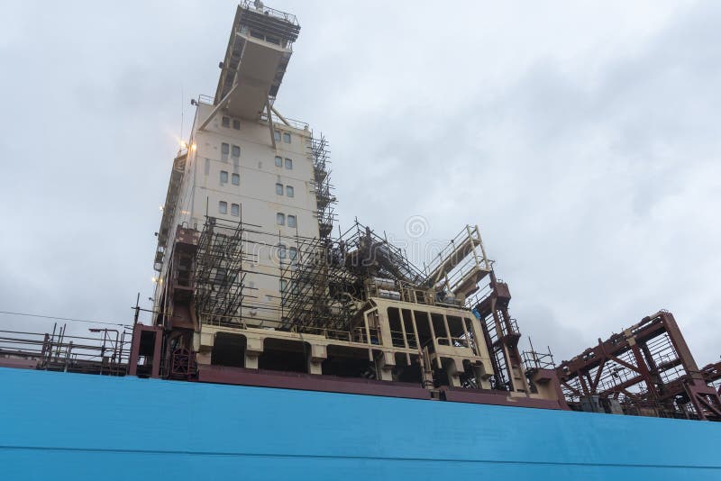 Cargo Ship in a Dry Dock, View on the Superstructure. Stock Photo ...