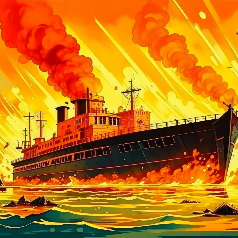 A Cargo Ship is on Fire at Sea. the Danger of Transportation Due To the ...