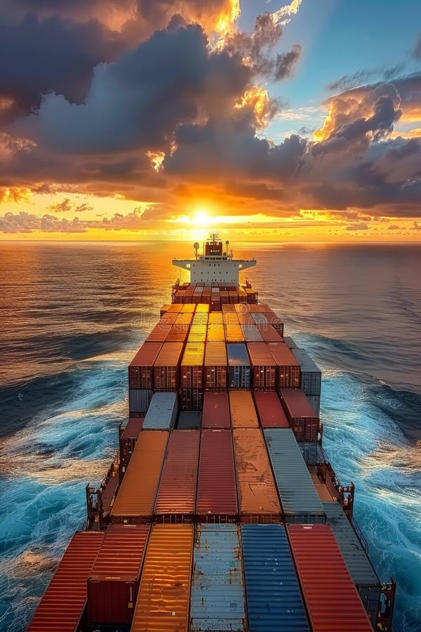 A Cargo Ship Full of Containers Transportation on the Sea at Sunset ...