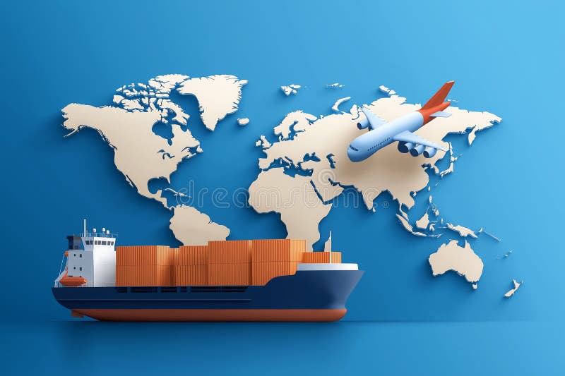 Cargo Ship and Global Map on Blue Background. International Customs Day ...