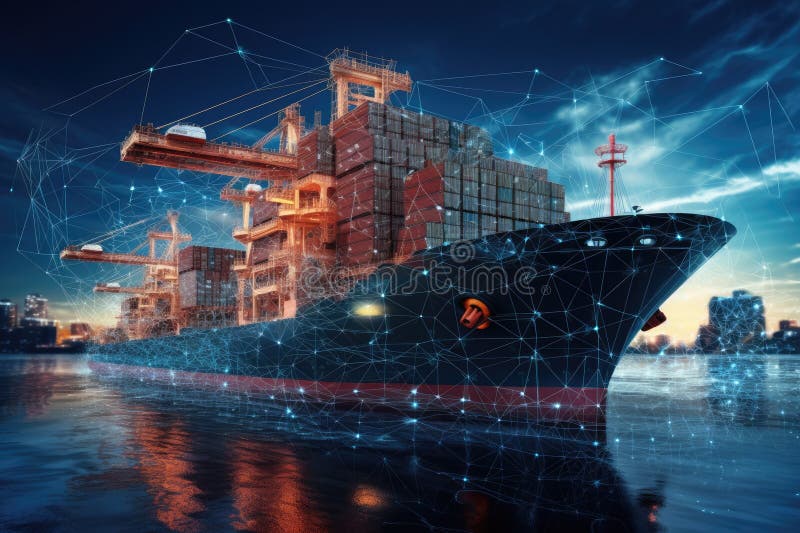 Cargo Ship with Global Network Connection Concept. 3D Rendering ...