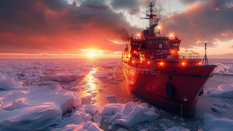 Cargo Ship on Ice Floe in the Winter Ocean Stock Illustration ...