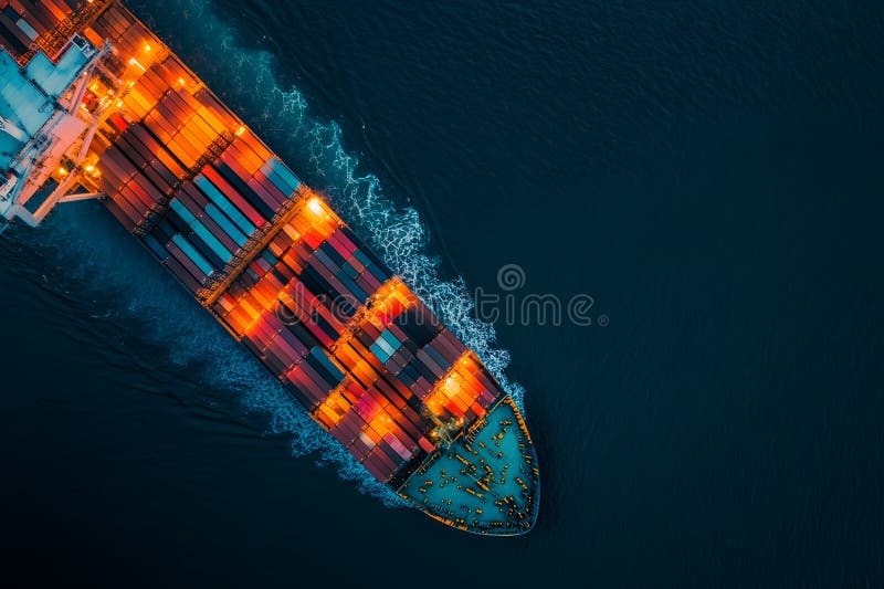 A Cargo Ship with Illuminated Containers Navigates through Dark Ocean ...