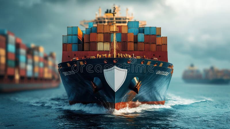 Cargo Ship Navigating the Sea with Colorful Containers and a Protective ...