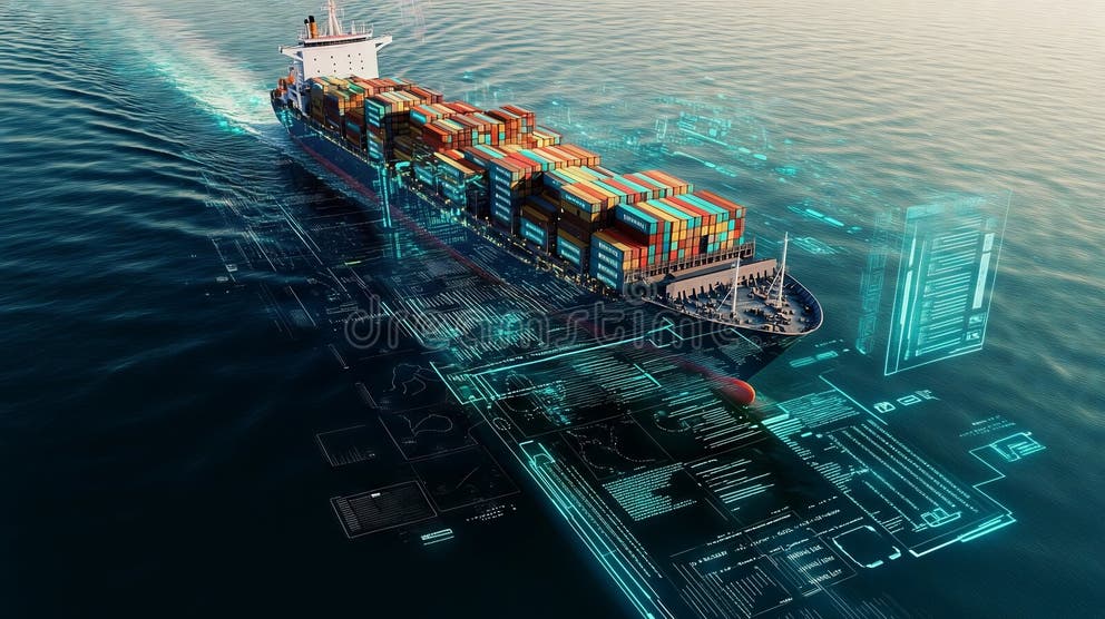 Cargo Ship Leaving Trail of Binary Code Data Visualizations on Surface ...