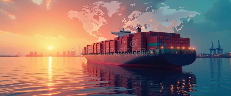 Cargo Ship Loaded with Containers Sailing on Water Reflecting Sunset ...