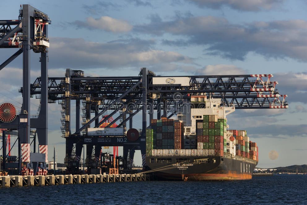 Cargo Ship Loading Containers on Full Moon Editorial Stock Image ...
