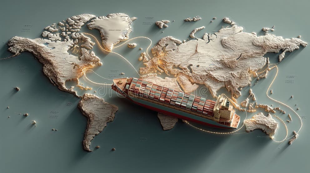 Cargo Ship on Minimalist World Map Route, Clean Visualization for ...