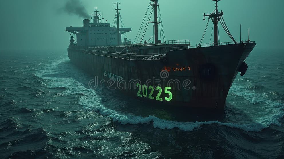 Cargo Ship on Misty Ocean at Dusk with Illuminated Hull Numbers Stock ...