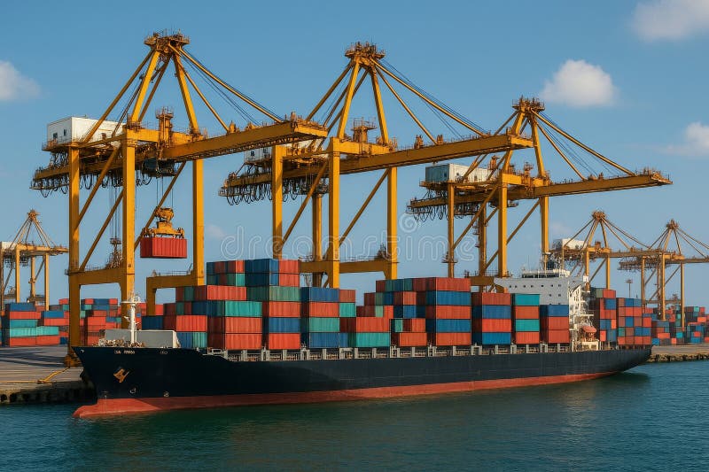 Cargo Ship Colorful Containers Port Under Clear Blue Sky Stock Photos ...