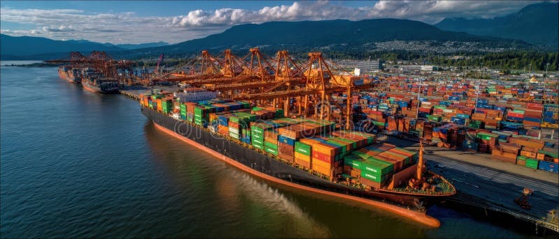 The Cargo Ship Navigating through a Bustling Shipping Port at Sunset ...