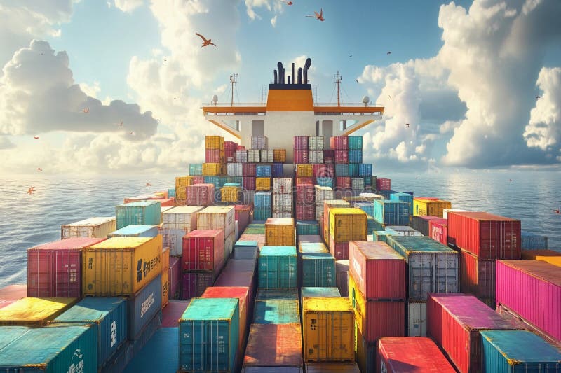 Cargo Ship Navigating through Calm Waters with Colorful Shipping ...