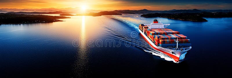 A Cargo Ship Navigating through Calm Waters at Sunset, Creating a ...