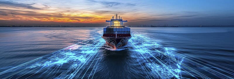 Cargo Ship Navigating Digital Network at Sunset Sea Stock Illustration ...