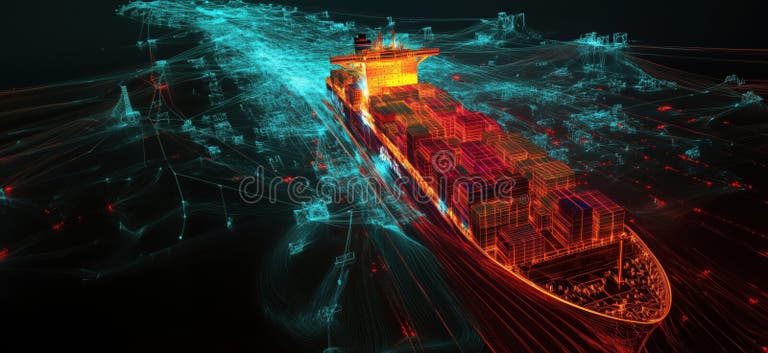 Cargo Ship Navigating Digital Network, Vibrant Neon Colors, Intricate ...