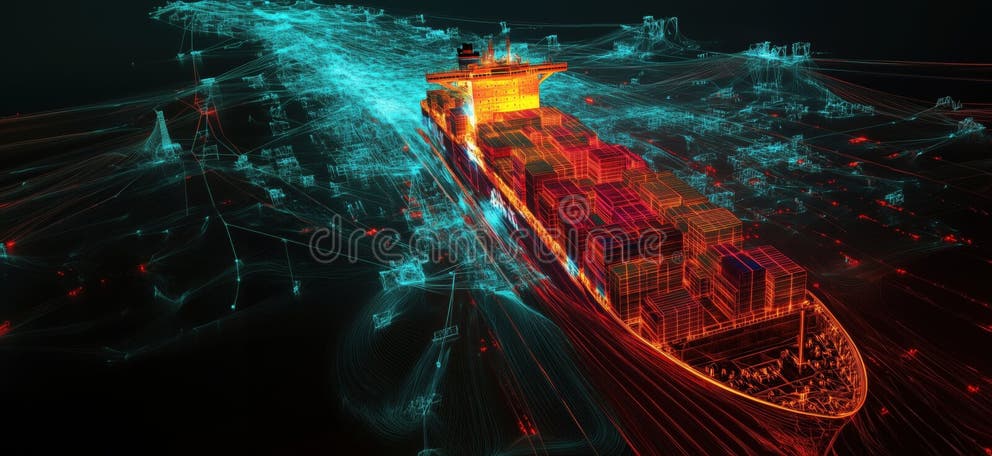 Cargo Ship Navigating Digital Network, Vibrant Neon Colors, Intricate ...