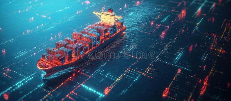 Cargo Ship Navigating Digital Ocean with Containers Stock Image - Image ...
