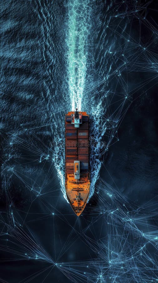 Cargo Ship Navigating Digital Ocean with Network Lines Stock ...