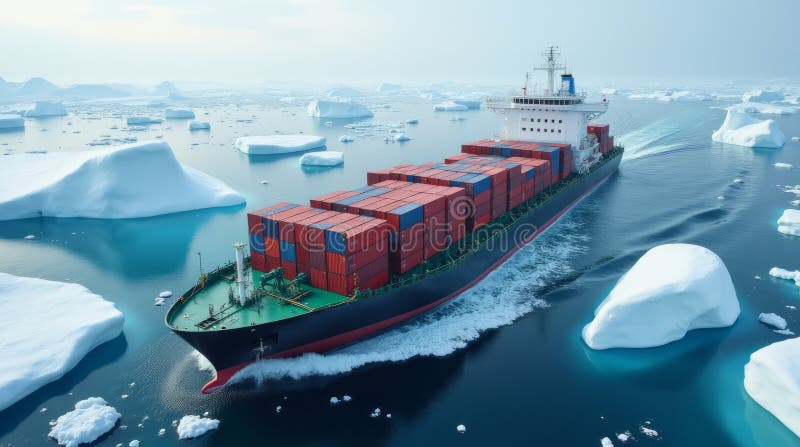 Cargo Ship Navigating through Icy Waters with Chunks of Ice Visible ...