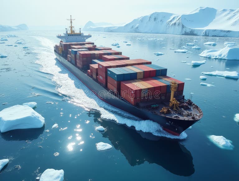 Cargo Ship Navigating through Icy Waters with Chunks of Ice Visible ...