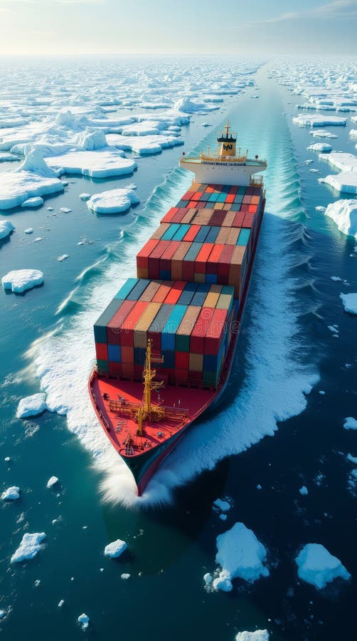 Cargo Ship Navigating through Icy Waters with Chunks of Ice Visible ...