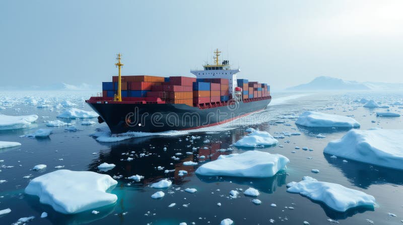 Cargo Ship Navigating through Icy Waters with Chunks of Ice Visible ...