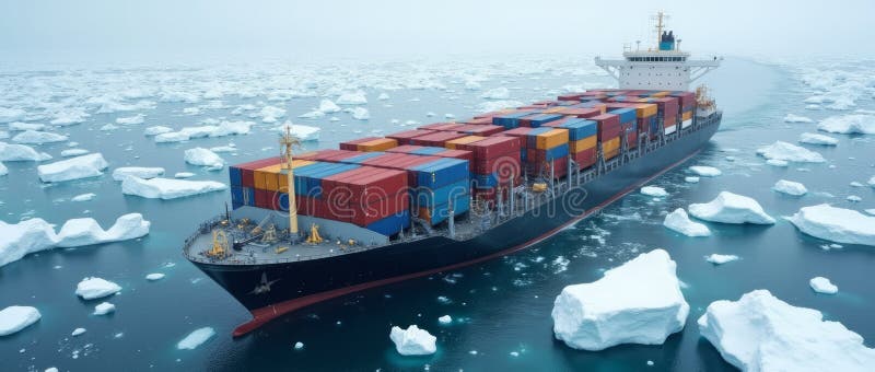 Cargo Ship Navigating through Icy Waters with Chunks of Ice Visible ...