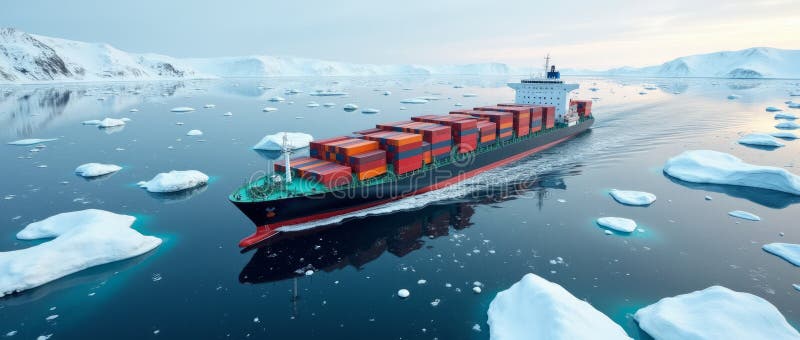 Cargo Ship Navigating through Icy Waters with Chunks of Ice Visible ...