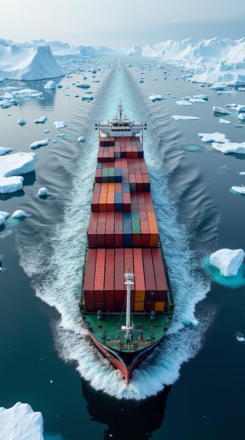 Cargo Ship Navigating through Icy Waters with Chunks of Ice Visible ...