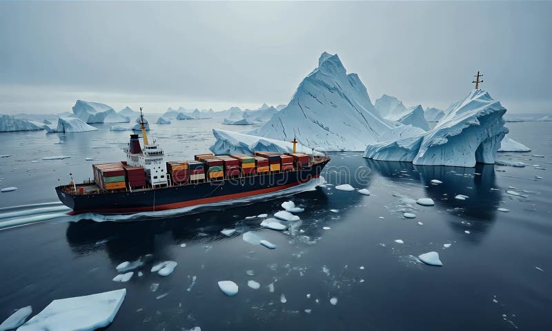 Cargo Ship Navigating Icy Waters among Icebergs in Arctic Ocean Stock ...