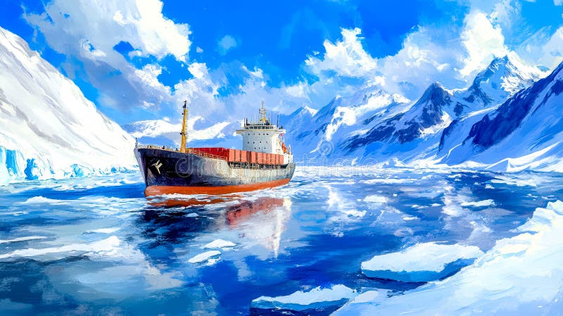 Cargo Ship Navigating Icy Waters Remote Arctic Harbor Stock Photos ...