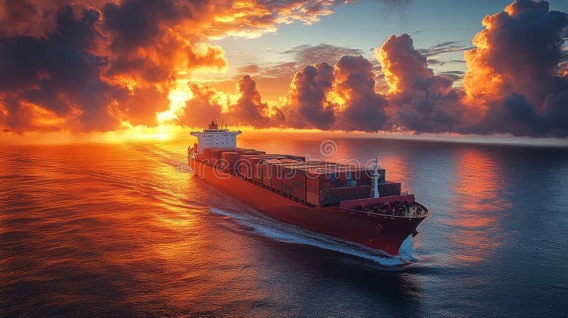 Cargo Ship Navigating Ocean at Sunset with Dramatic Sky and Vibrant ...