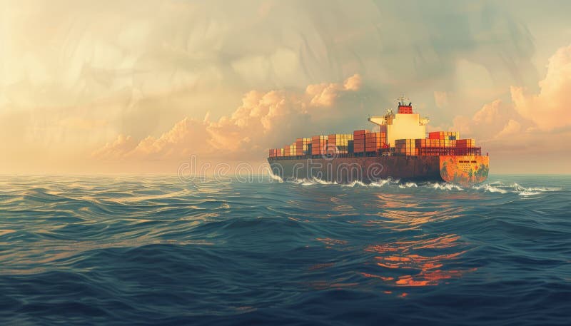 Cargo Ship Navigating the Ocean at Sunset Near Distant Clouds Stock ...