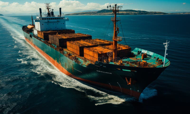 Cargo Ship Navigating through Open Seas. a Massive Cargo Ship Sailing ... Cargo Ship Navigating through Open Seas. a Massive Cargo Ship Sailing ...
