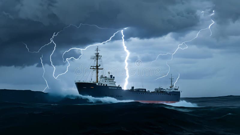 Cargo Ship Navigating Stormy Seas with Lightning Strikes Stock Video ...