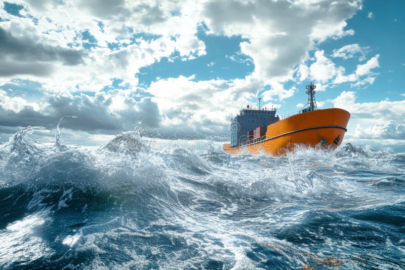 Cargo Ship Navigating Stormy Seas Under a Blue Sky with Dramatic Clouds ...