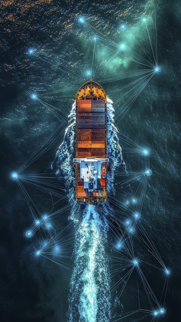 Cargo Ship with Network Path on Ocean Surface at Dawn Stock ...