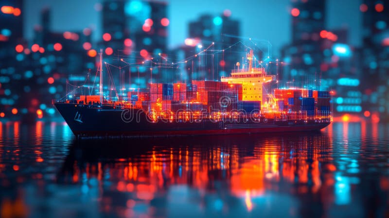 Cargo Ship at Night with City Lights Reflection Stock Illustration ...