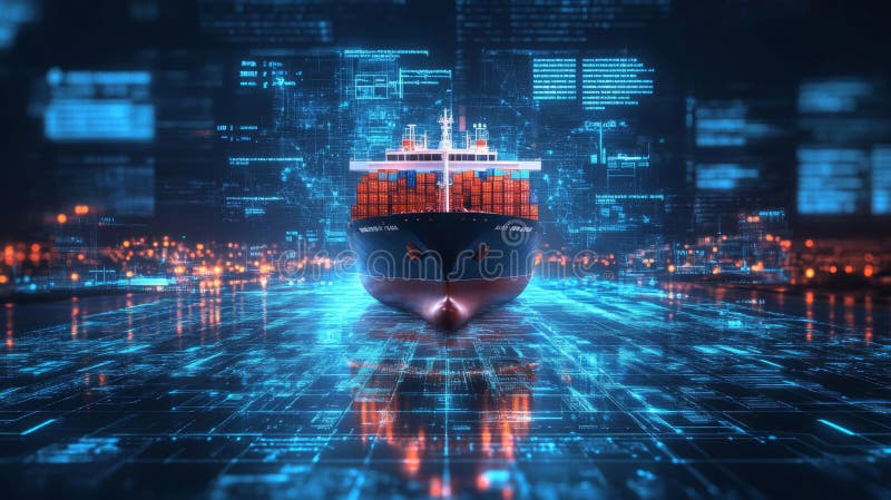 Cargo Ship at Night with Digital Data Overlay Stock Illustration ...