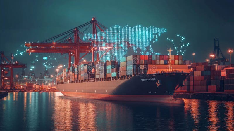 Cargo Ship at Night with Digital Global Network Stock Illustration ...