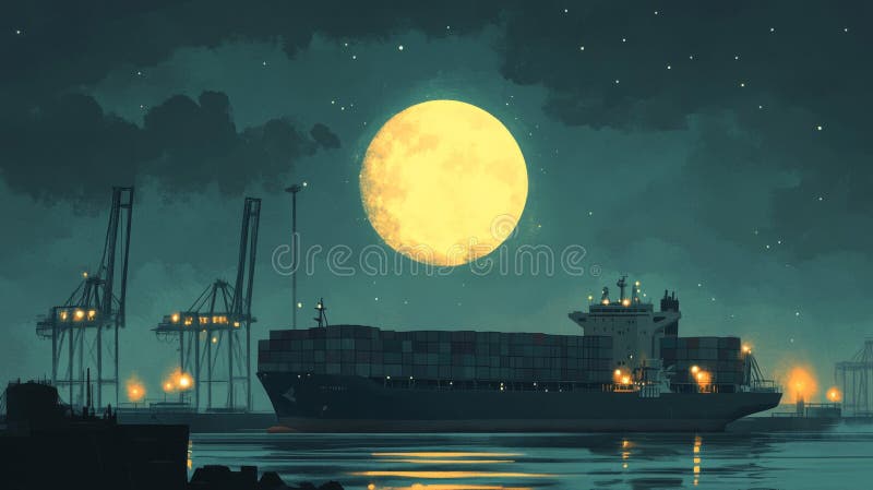 Cargo Ship at Night Under a Full Yellow Moon Stock Illustration ...