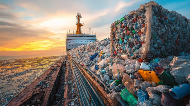 Cargo Ship Overflowing with Plastic Waste at Sunset Stock Illustration ...