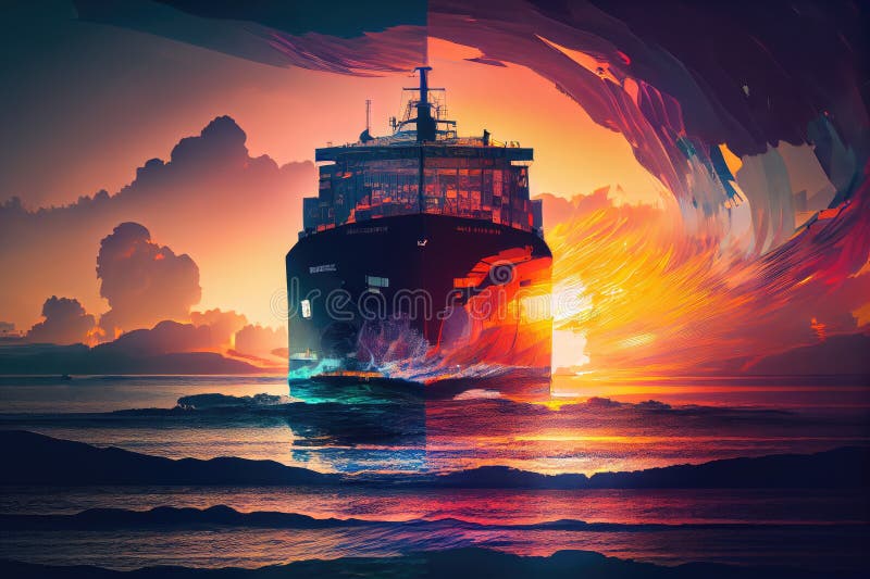 Cargo Ship Passing through Colorful Sunset Double Exposure Stock ...