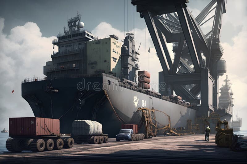 Cargo Ship in the Port. 3d Rendering. Computer Digital Drawing Stock ...