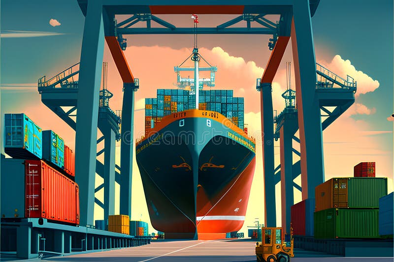 Cargo Ship in a Port at Sunset. Vector Illustration EPS10 Stock ...