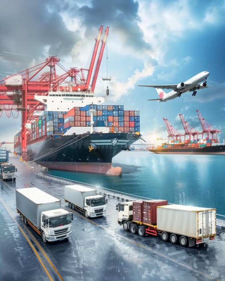 A Cargo Ship with the Port Trucks in the Highway and Aero Plane on Blue ...