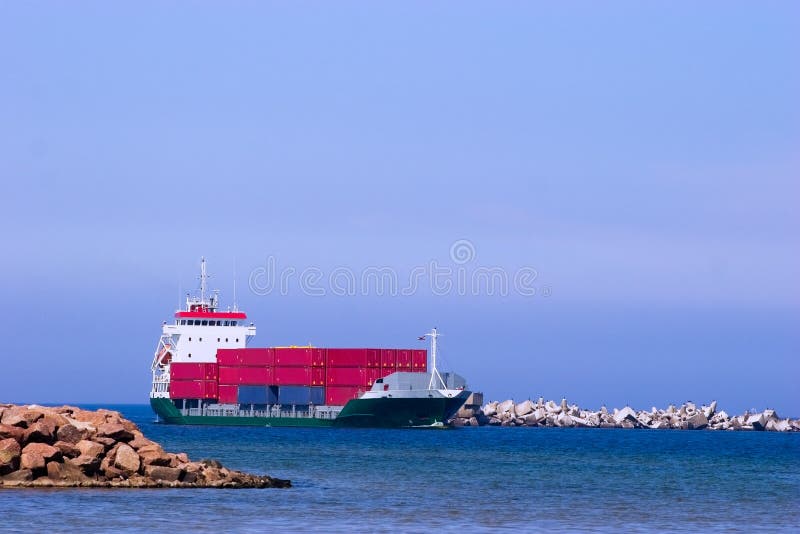 Cargo Ship with Red Containers Stock Photo - Image of freighter, blue ...